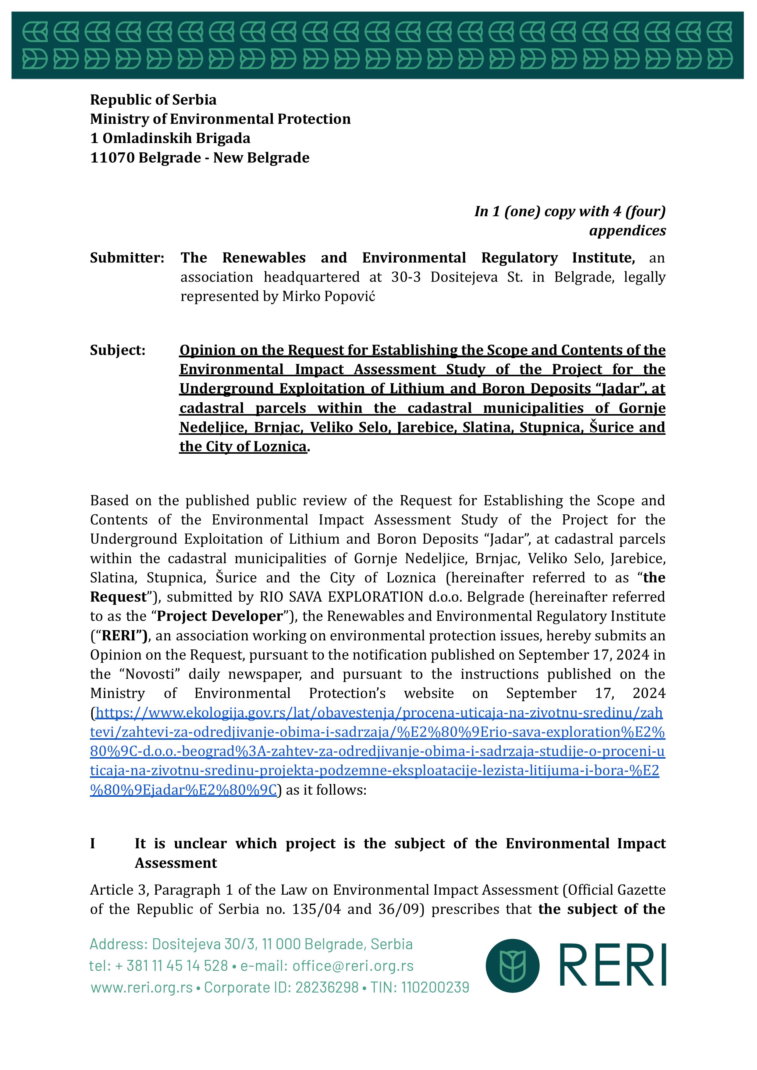 Statement on the environmental impact assessment of the “Jadar” project ...